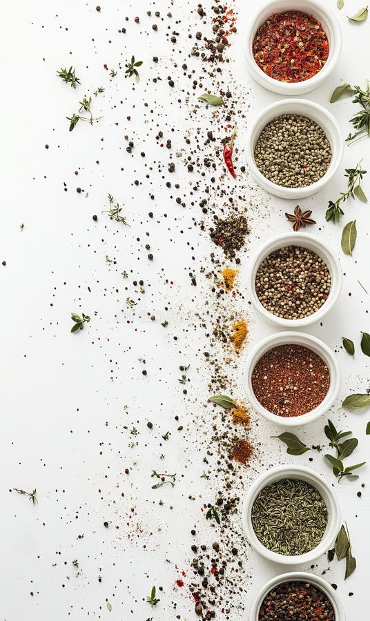 Assortment of Spices in Bowls on White Background. Spicy Cooking ...