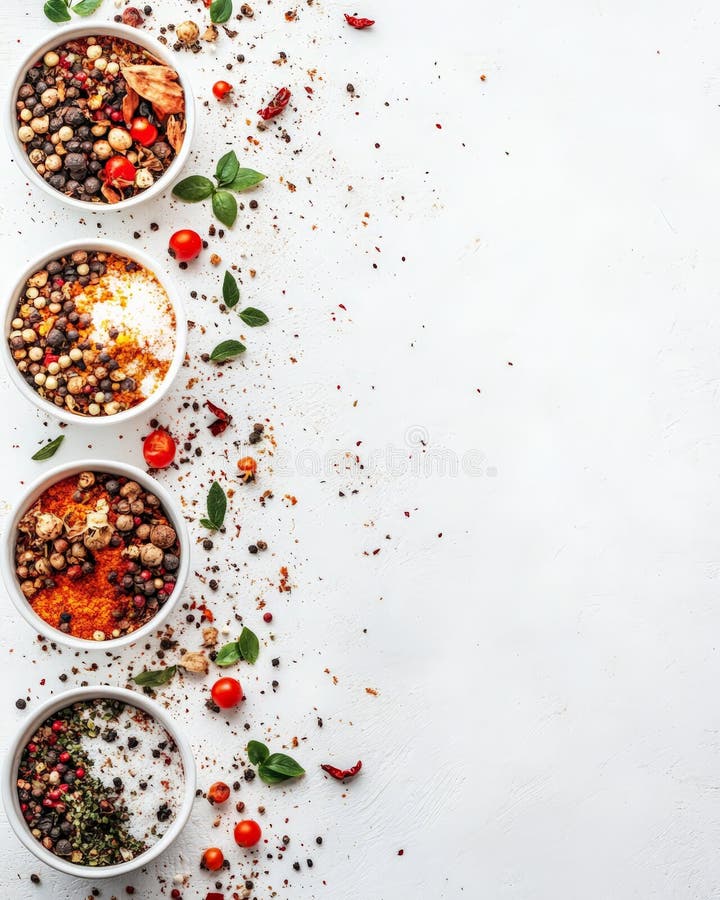 Assortment of Spices in Bowls on White Background. Spicy Cooking ...