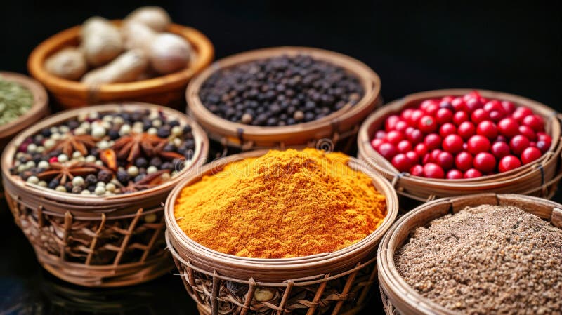Assortment of Spices in Filled Baskets Stock Illustration ...