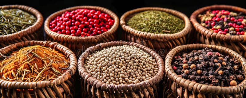 Assortment of Spices in Filled Baskets Stock Illustration ...