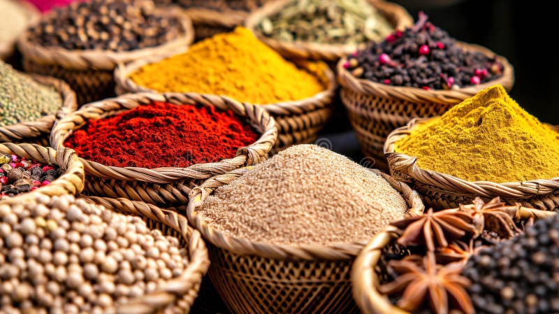 Assortment of Spices in Filled Baskets Stock Illustration ...