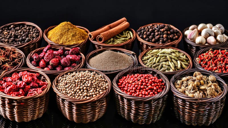Assortment of Spices in Filled Baskets Stock Illustration ...