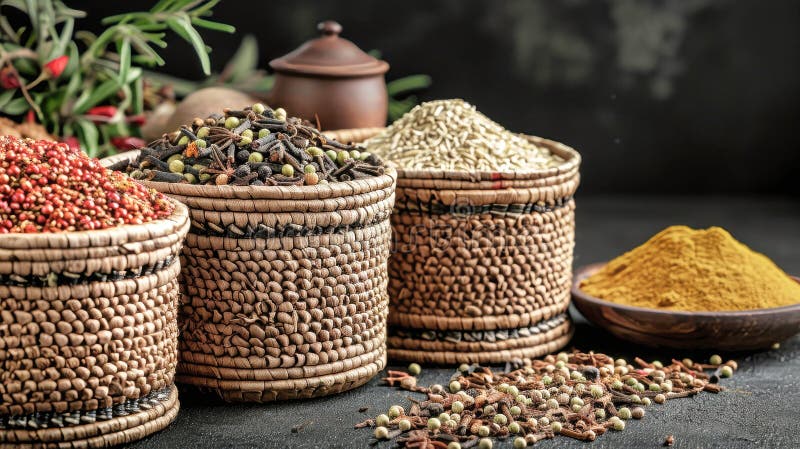 Assortment of Spices in Filled Baskets Stock Illustration ...