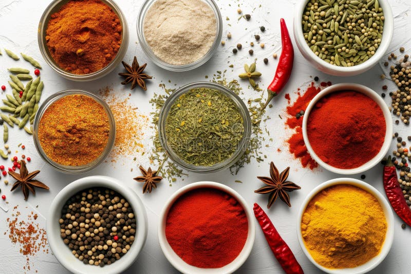 Assortment of Spices in Small Bowls Spread on the Table Stock Image ...