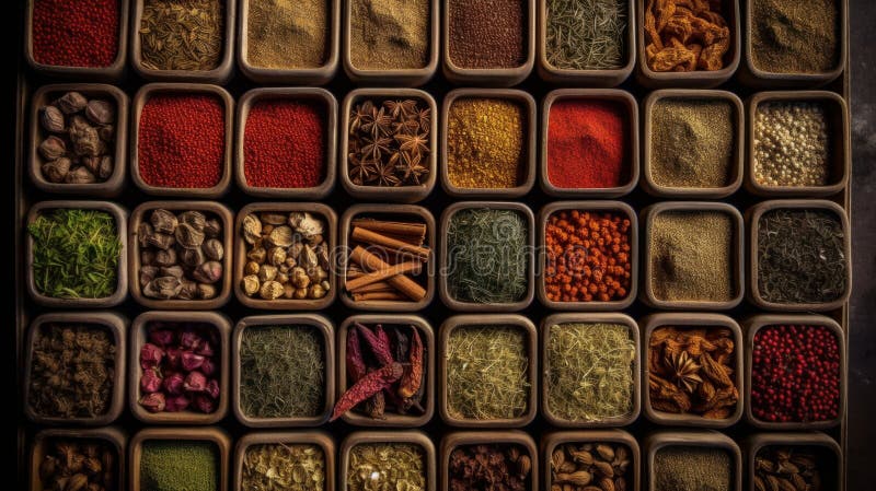 An Assortment of Spices in Small Wooden Containers. Stock Photo - Image ...