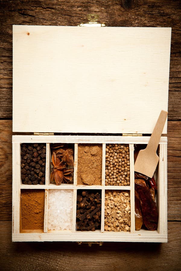 Assortment of Spices in Wooden Box Stock Photo - Image of anise ...