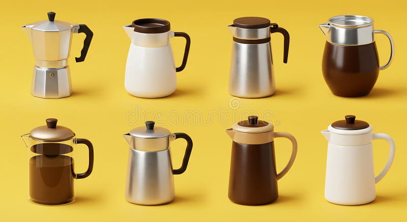 Assortment of Stylish Coffee Pots and Moka Pots on Yellow Background ...