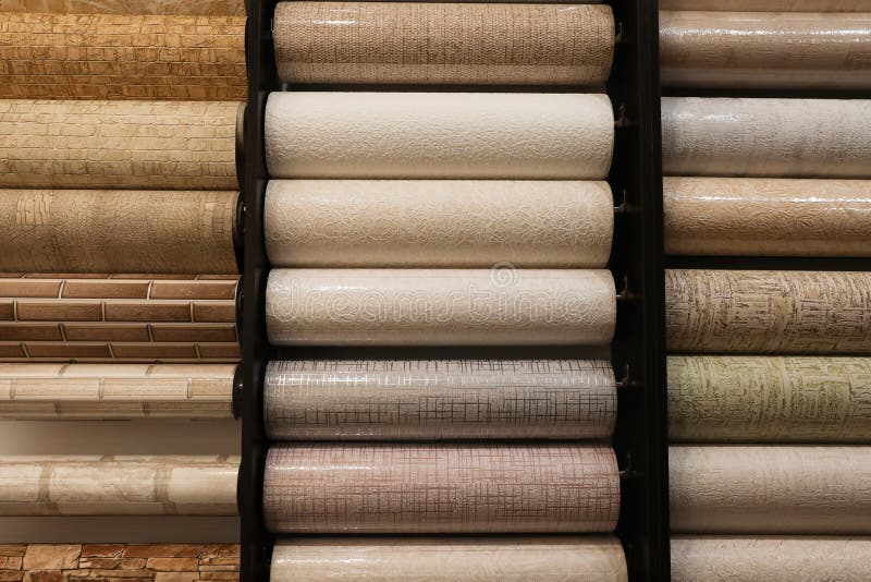 Assortment of Stylish Wall Papers on Display in Shop Stock Photo ...