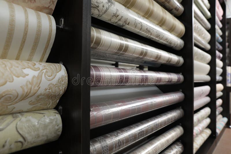 Assortment of Stylish Wall Papers on Display in Shop Stock Photo ...