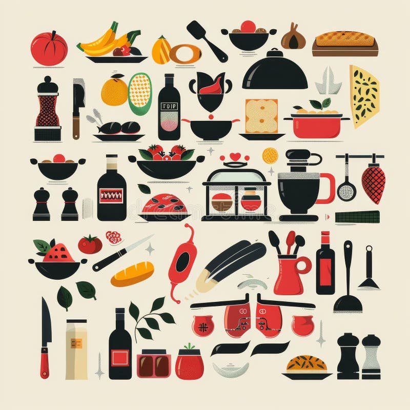 Kitchen and Food Icons Set stock illustration. Illustration of food ...