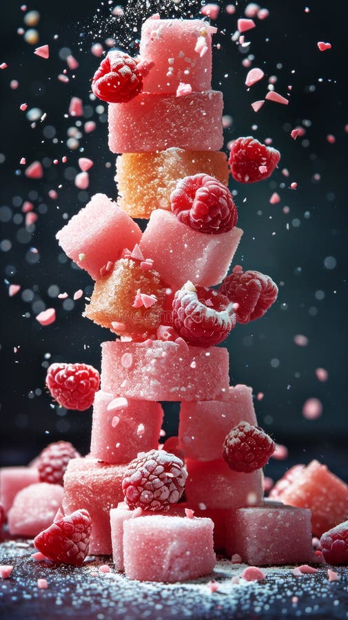 An Assortment of Sugar Candies on Display with Raspberries and Powdered ...