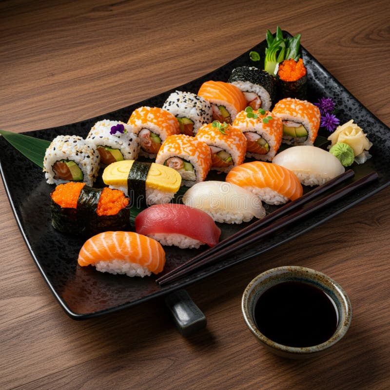 Assortment of Sushi and Maki Rolls on a Rectangular Black Plate with a ...