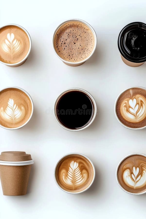 Assortment of Take Away Paper Coffee Cups with Different Coffee Types ...