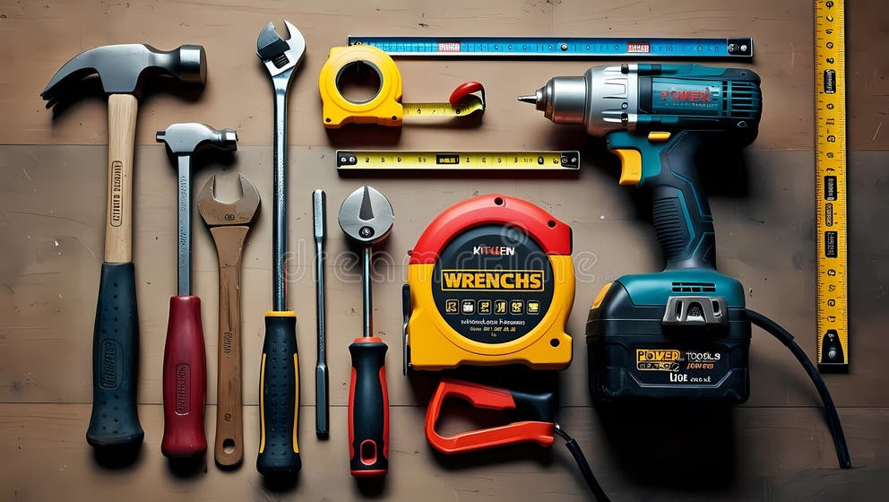 Assortment of Tools Displayed on a Wooden Surface. Includes a Hammer with a Wooden Handle and ...