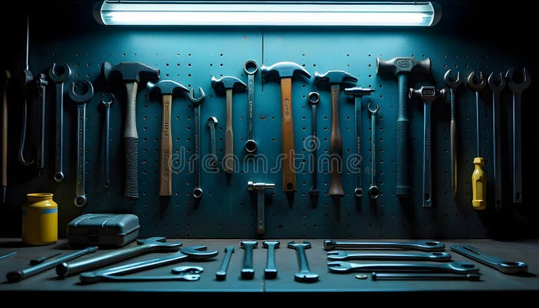 Assortment of Tools, Including Hammers and Wrenches, Arranged on a Pegboard in a Workshop ...