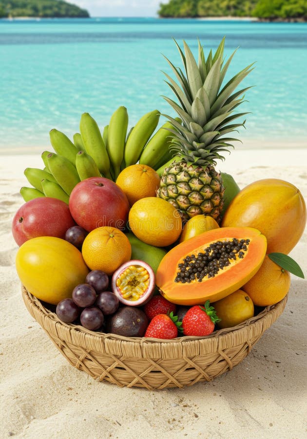 Assortment of Tropical Fruits in a Basket on a Sandy Beach Stock Image ...