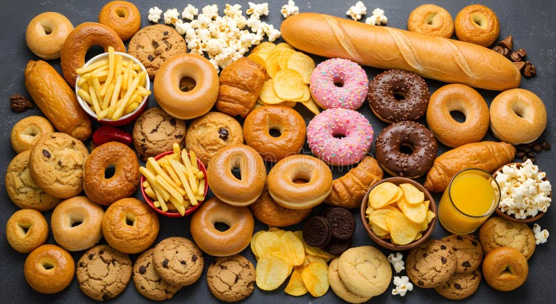 Assortment of Unhealthy Food Items on Dark Background Overhead View ...