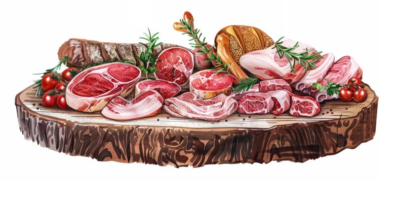 Assortment of Unprocessed Meat Cuts Displayed on a Distressed Wooden ...