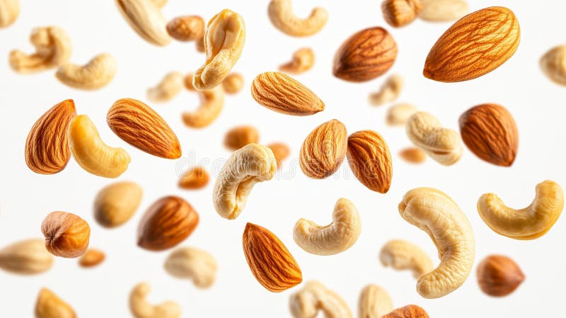 Assortment of Unsalted Mixed Nuts Falling in Mid-air, Isolated on a ...