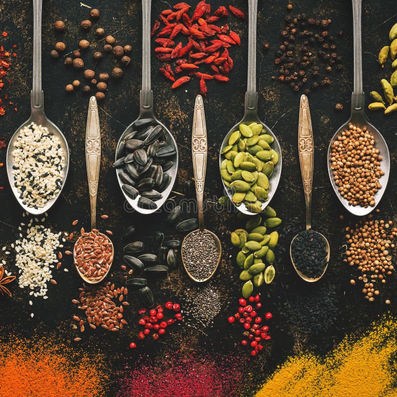 An Assortment of Varied Seeds and Spices in Spoons on a Dark Background ...