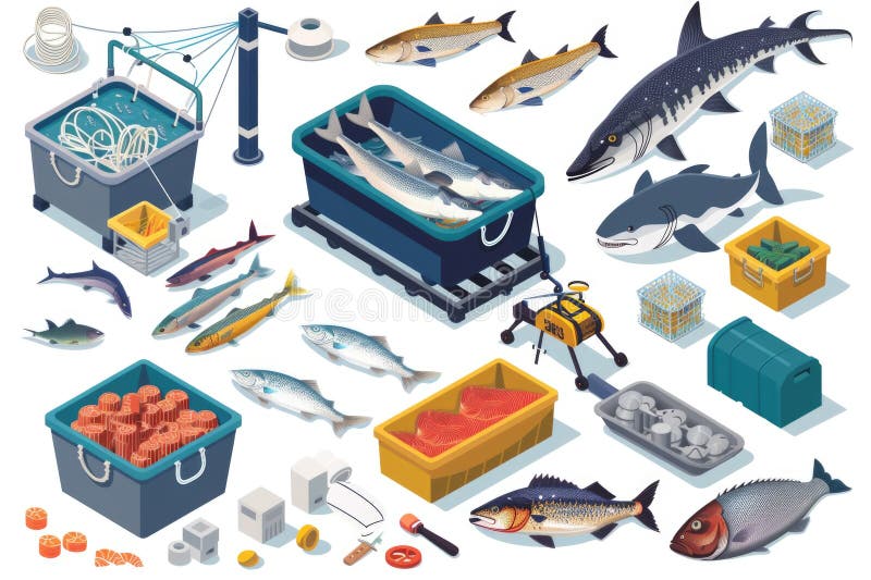 Assortment of Various Fish and Seafood Items Packed in a Box Stock ...