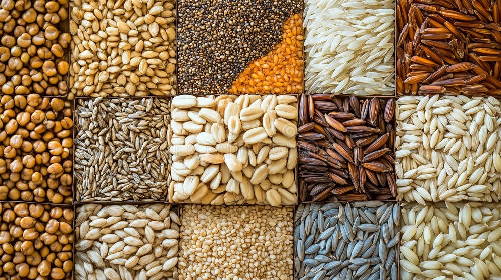 An Assortment of Various Grains and Seeds Arranged in a Grid Pattern ...