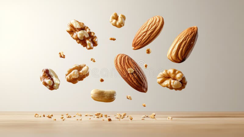 Assortment of Various Nuts in Mid-Air, Falling on Wooden Surface ...