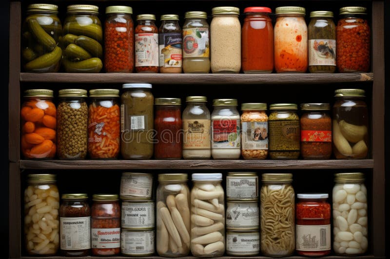 Assortment of Various Preserved Pickled Vegetables and Canned Goods on ...