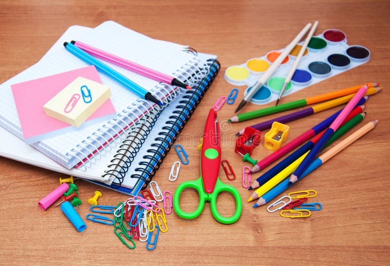 School Items. Alarm Clock, Notebooks, Pencils for Drawing on a White ...