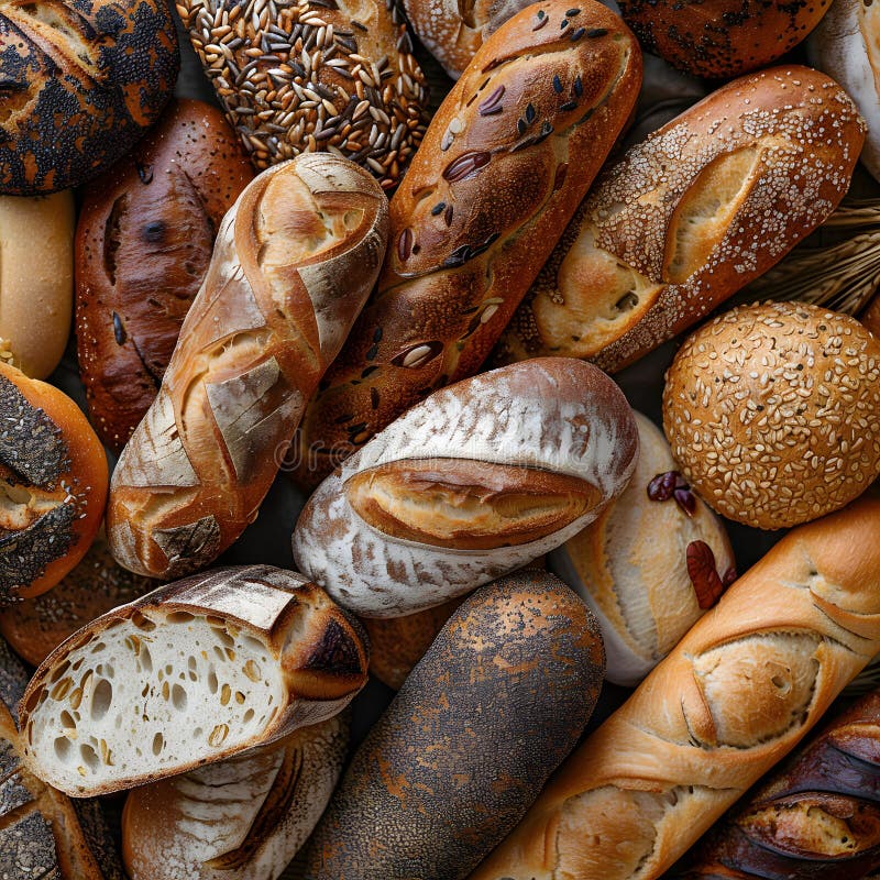 An Assortment of Bread Varieties Displayed on a Wooden Table Stock ...