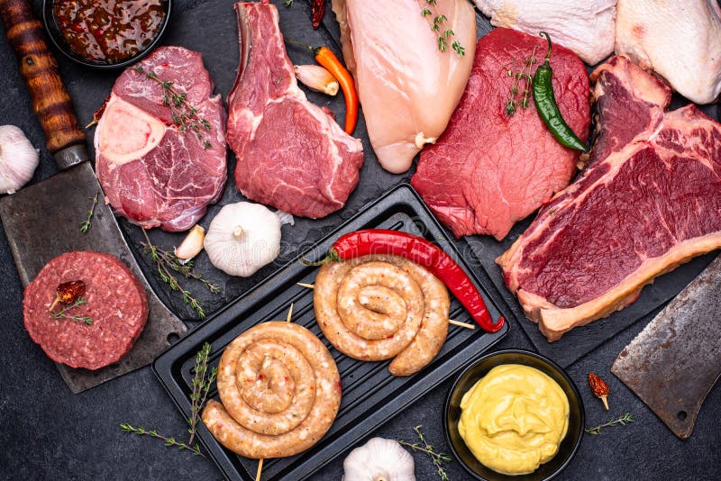 Assortment of Various Types of Meat Stock Photo - Image of sauce, knife ...