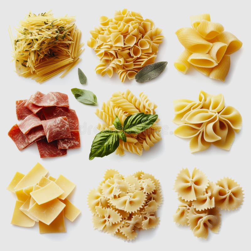 Assortment of Various Types of Pasta and Ingredients on Gray Background ...