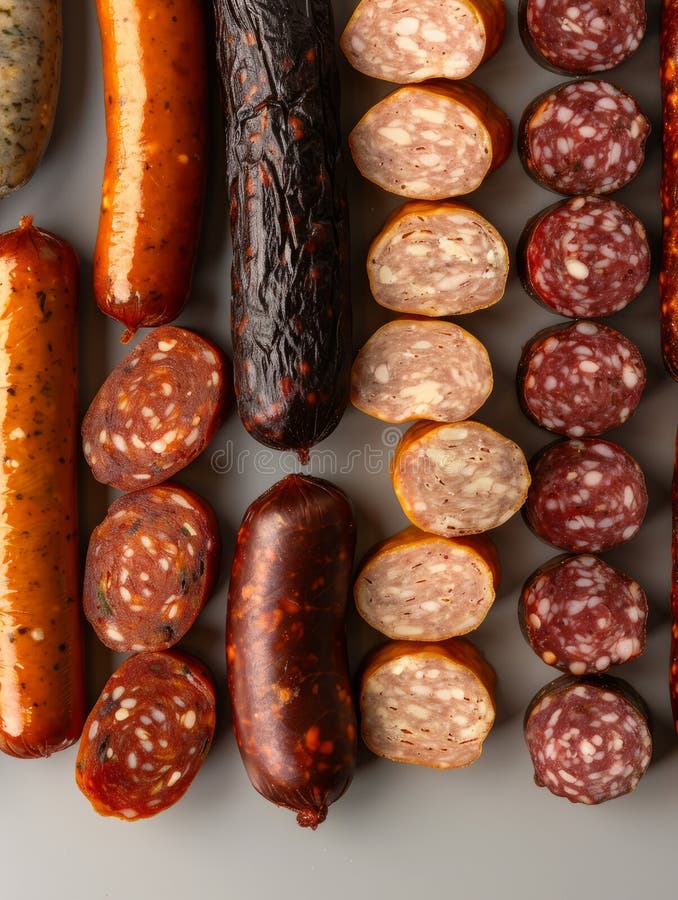 Assortment of Various Types of Sausages Arranged in Rows. Stock Image ...