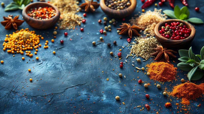 An Assortment of Vibrant Spices and Herbs on a Blue Slate Background in ...