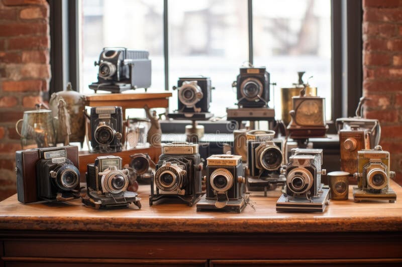 Assortment of Vintage Cameras on a Table Stock Illustration ...