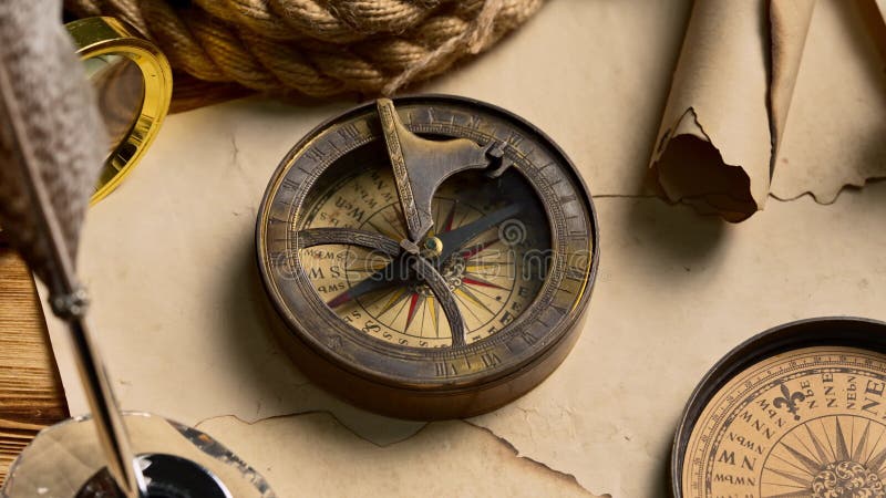 Antique Nautical Compasses on an Old World Map in Soft Lighting Stock ...