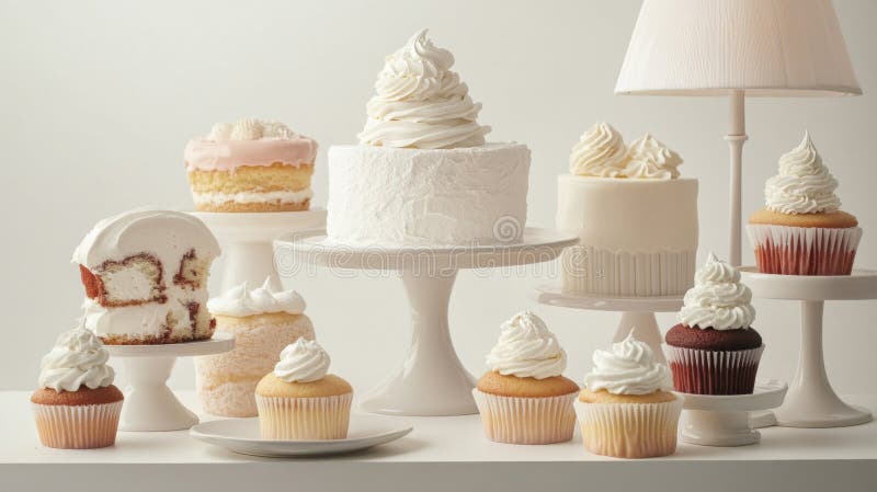 Assortment of White Cakes and Cupcakes on Display Stock Illustration ...