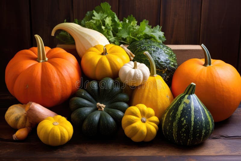 Assortment of Winter Squash on a Wooden Table Stock Photo - Image of ...
