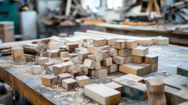 Assortment of Wood Blocks and Pieces on Workbench in a Workshop Stock ...