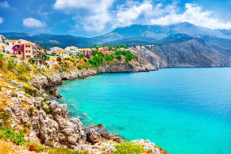 Assos beach stock photo. Image of green, cefalonia, clear - 67178330