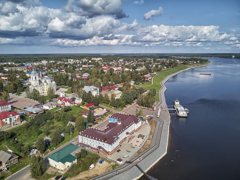 Assumption Cathedral, Jetty and Ship. Myshkin, Russia Stock Photo ...