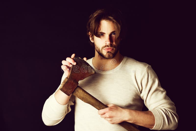 Assured Young Man Checking Sharpness of His Old Axe Stock Image - Image ...
