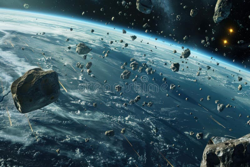 Asteroid Belt with Distant Sun in Space Stock Illustration ...