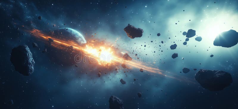 Asteroid Belt Explosion in Deep Space with Planets and Cosmic Debris ...