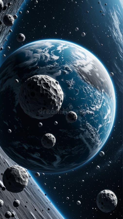 Asteroid Cluster Orbiting Earth with Cosmic Beauty in Deep Space Stock ...