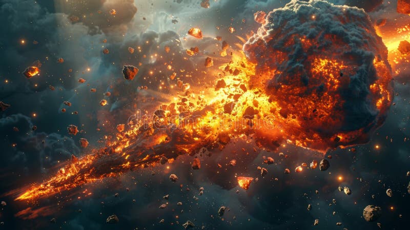 Asteroid Colliding with a Celestial Body in Space, Illuminated by Fiery ...