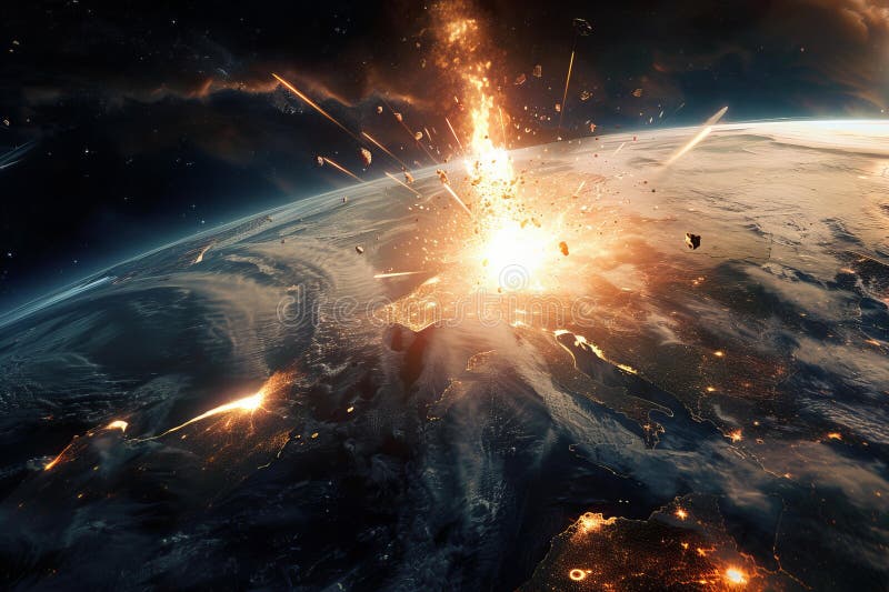 An Asteroid Crashing into Earth, View from Space, Earth is Visible with ...