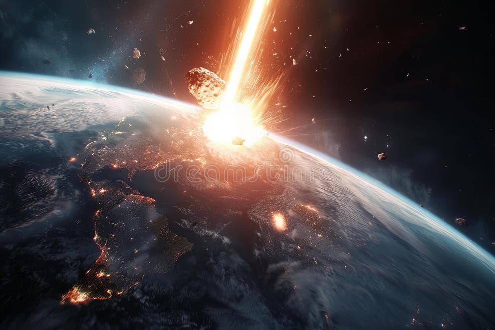 An Asteroid Crashing into Earth, View from Space, Earth is Visible with ...