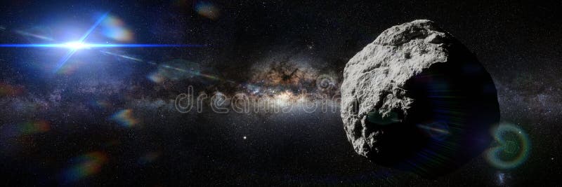 Asteroid in Empty Space Lit by the Sun, Banner Format Background Stock ...