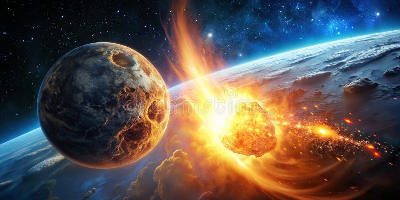 Asteroid Exploding and Burning in Space Near the Planet Two Celestial ...